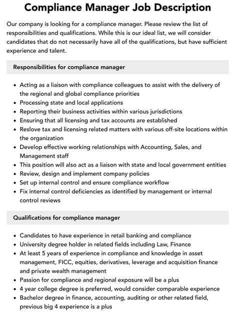Compliance Manager Job Description Velvet Jobs