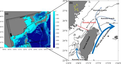A Bathymetry M Color Shading And The Model Domain B Bathymetry Download Scientific