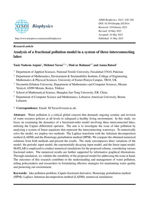 Pdf Analysis Of A Fractional Pollution Model In A System Of Three Interconnecting Lakes