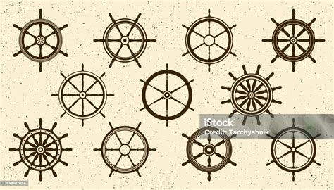 그런지 빈티지 스티어링 휠 컬렉션 배 요트 복고풍 바퀴 기호 해상 방향타 아이콘입니다 해양 디자인 요소 벡터 그림 골동품에 대한 스톡 벡터 아트 및 기타 이미지 Istock