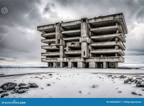 Abandoned Concrete Brutalist Building In A Snow Covered Desolate Winter