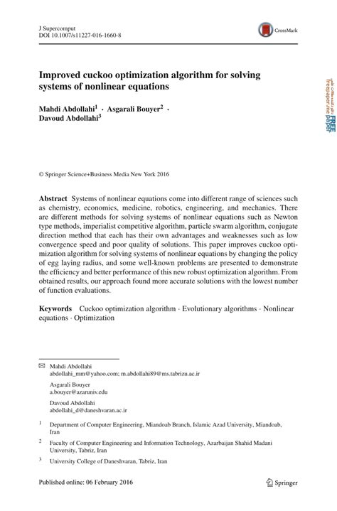 Pdf Improved Cuckoo Optimization Algorithm For Solving Systems Of