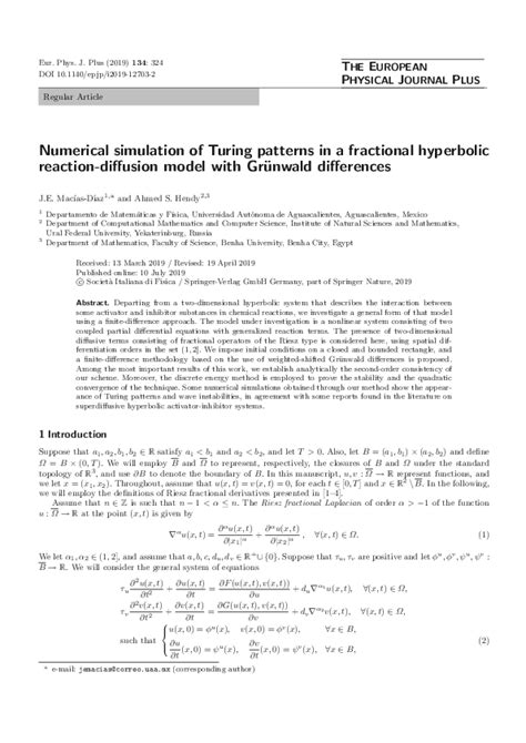 Pdf Numerical Simulation Of Turing Patterns In A Fractional Hyperbolic Reaction Diffusion