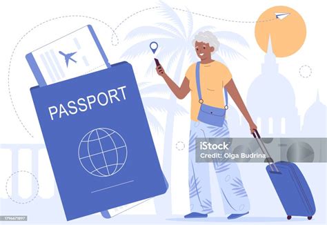 활동적인 나이든 아프리카계 미국인 여성이 여행하고 있습니다 백발의 여자가 짐을 들고 있다 노인 여행 개념입니다 여권 및 비행기