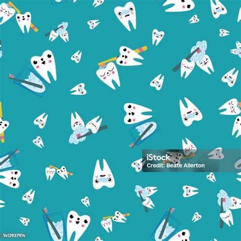 카와이 치아 아이 치과 치료 벡터 교육 원활한 패턴 배경 칫솔 치약 칫솔질하는 귀여운 만화 캐릭터 재미있는 어린이 구강 건강 핑크 화이트 반복 0명에 대한 스톡 벡터 아트