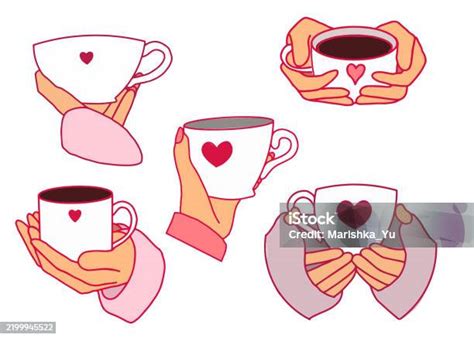 마음과 함께 컵을 들고 있는 손과 함께 그림의 평면 벡터 세트 밝은 분홍색 윤곽선 사랑 로맨틱 세인트 발렌타인 데이의 상징 귀여운에 대한 스톡 벡터 아트 및 기타 이미지
