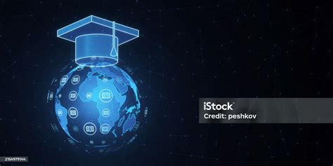 네트워크 스타일의 진한 파란색 배경에 아이콘이 있는 빛나는 지구본에 졸업 모자의 디지털 일러스트레이션 글로벌 교육의 개념 3d 렌더링 학위에 대한 스톡 사진 및 기타 이미지