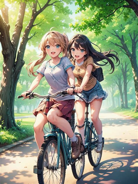Two Girls Riding A Bicycle In The Park With Trees Seaart Ai
