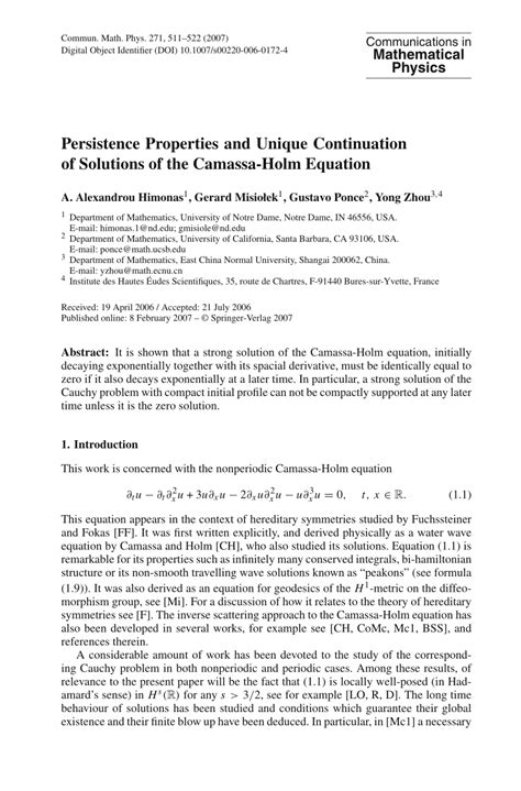 Pdf Persistence Properties And Unique Continuation Of Solutions Of The Camassa Holm Equation