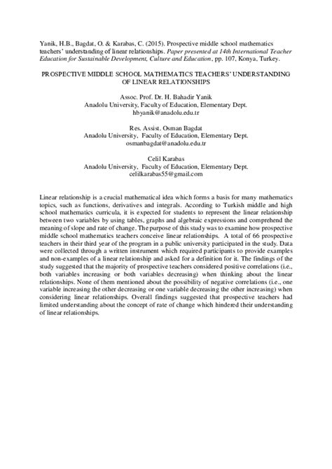 Pdf Prospective Middle School Mathematics Teachers Understanding Of Linear Relationships