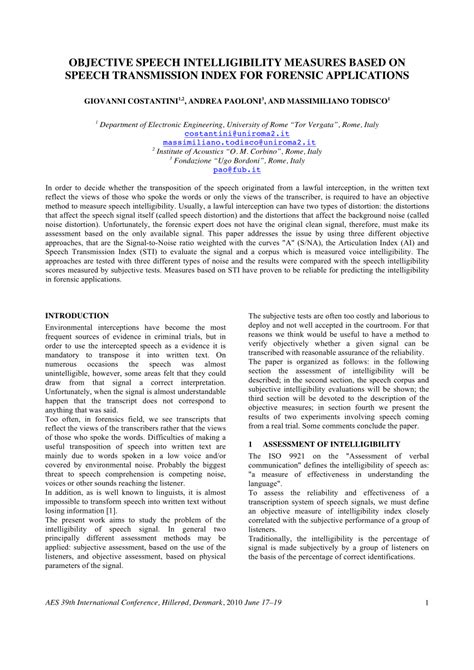 PDF Objective Speech Intelligibility Measures Based On Speech Transmission Index For Forensic