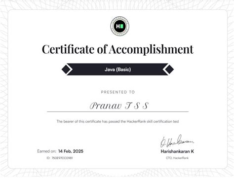 Java Certification Hackerrank Coding Learning Javabasics Programming Pranav T S S