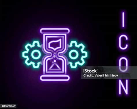 검은 색 배경에 고립 된 빛나는 네온 라인 모래 시계와 기어 아이콘 시간 관리 기호입니다 시계 및 기어 아이콘 비즈니스 개념