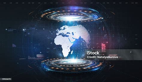 개념 디자인홀로그램 지구 행성 지구와 푸른 미래 지향적 배경입니다 추상 기술 디자인 배경입니다 가상 그래픽 추상적 인 현대 배경 과학 기술 배경 Hud Ui Gui 군사에