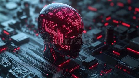 Cybernetic Head Futuristic Ai Technology Digital Red Neon Circuitry Brain 3d Data Glow Robot
