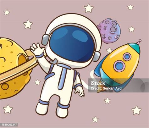 우주에 있는 귀여운 우주 비행사와 행성과 별을 배경으로 한 벡터 그림 과학에 대한 스톡 벡터 아트 및 기타 이미지 과학