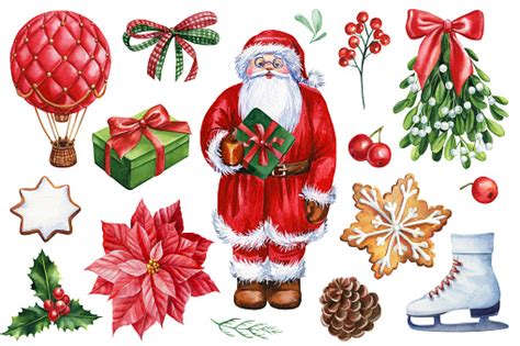 산타클로스 원뿔 겨우살이 선물 활은 흰색 배경에 분리되어 있고 수채화는 디자인을 위한 겨울 요소를 설정합니다 수채화에 대한 스톡 벡터 아트 및 기타 이미지 Istock