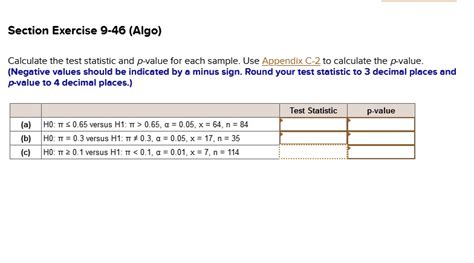 solved section exercise 9 46 algo calculate the test statistic and p
