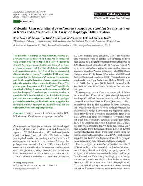 Pdf Molecular Characteristics Of Pseudomonas Syringae Pv Actinidiae Strains Isolated In Korea