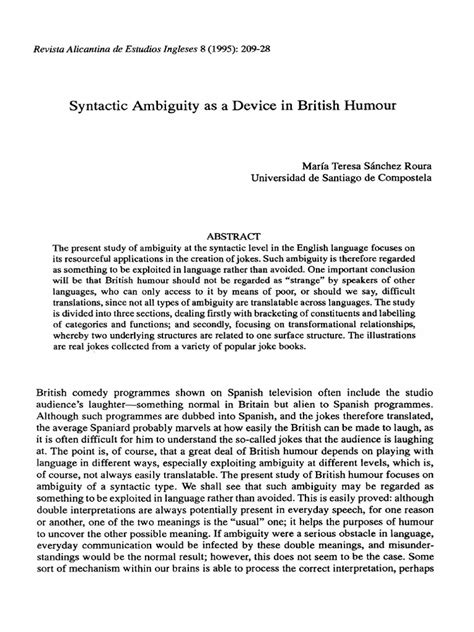 Syntactic Ambiguity As A Device In British Humour Pdf Part Of Speech Morphology