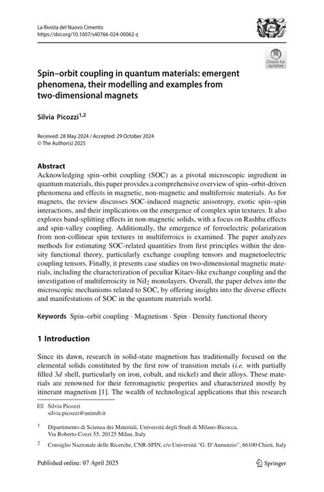 Pdf Spin Orbit Coupling In Quantum Materials Emergent Phenomena Their Modelling And Examples