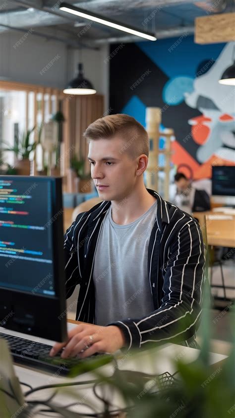 Male Software Engineer Coding On Desktop Computer In Creative Office Space Premium Ai