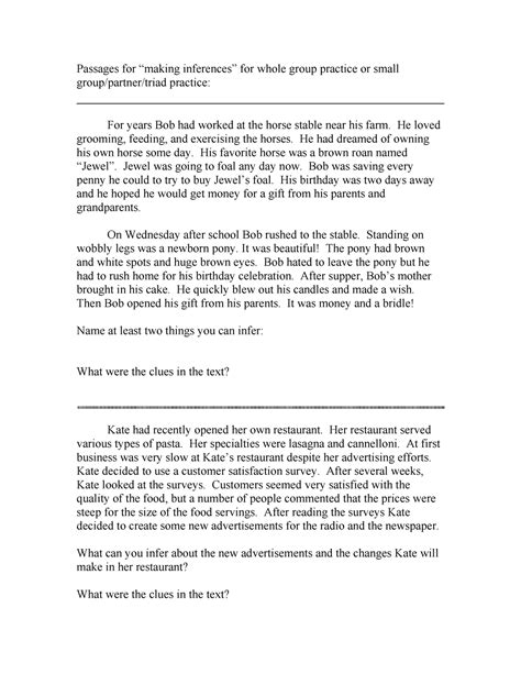Passages For Inference Passages For Making Inferences” For Whole Group Practice Or Small