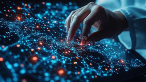 Hand Interacting With A Digital Network Map Displaying Connections Stock Illustration