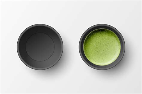 벡터 3d 사실적 종이 검은 일회용 컵 세트 흰색 배경에 격리 녹색 우유 거품 말차 스톡 벡터 일러스트레이션 디자인 템플릿입니다 맨 위 보기 라떼에 대한 스톡 벡터 아트 및