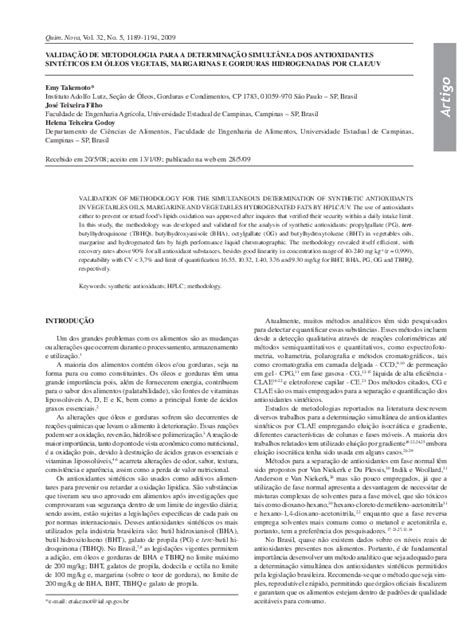 Pdf Validation Of Methodology For The Simultaneous Determination Of Synthetic Antioxidants In