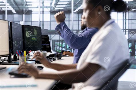 Admin In Server Farm Celebrating After Getting Access Granted Stock