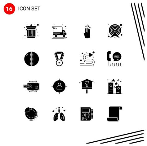 16 Universal Solid Glyph Signs Symbols Of Leather Ball Cricket Ball Gesture Route Direction
