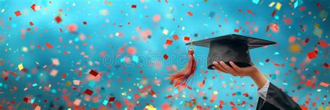 Human Female Hand Holding Graduation Cap On Background Of Confetti Copy Space Generated By Ai