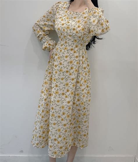 코튼멜로디 봄신상 민들레 쉬폰 롱 원피스 1col 데이트룩 스퀘어넥