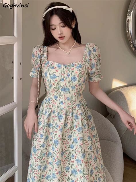여성용 플로럴 부드러운 퍼프 슬리브 미디 드레스 빈티지 프레리 시크 패션 프렌치 스타일 스위트 캐주얼 심플한 올매치 Aliexpress