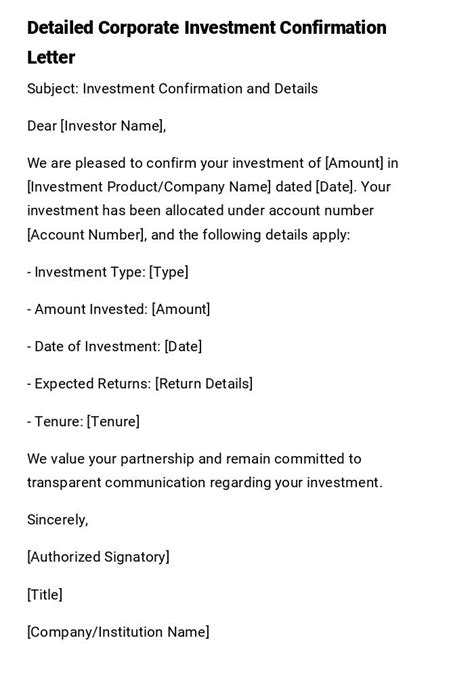 Investment Confirmation Letter
