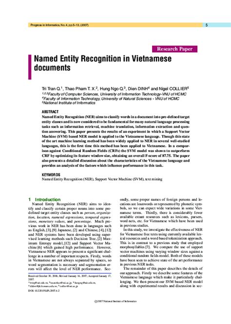 Pdf Named Entity Recognition In Vietnamese Documents