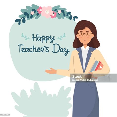 해피 교사의 날 일러스트 포스터 템플릿 책을 가진 여자 교사 벡터 그림입니다 글자 꽃과 플랫 만화 그래픽 디자인 배경 교사 교육 관련 직업에 대한 스톡 벡터 아트 및 기타
