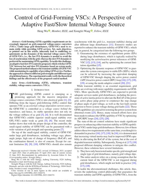Control Of Grid Forming Vscs A Perspective Of Adaptive Fast Slow Internal Voltage Source Pdf