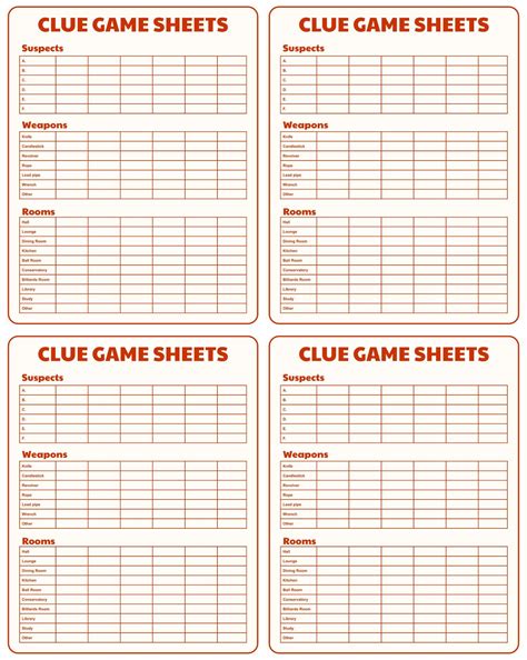 Downloadable Hasbro Clue Sheets Printable Printable Sight Words List