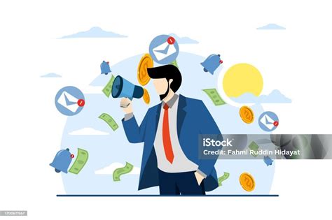 프로모션 이메일 마케팅 홍보 이메일 캠페인의 개념 확성기로 외치는 남자 비즈니스 캐릭터는 확성기로 발표됩니다 다이렉트 마케팅 웹 배너를 위한 플랫 벡터 그림입니다 광고에