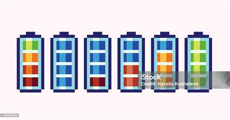 배터리 전원 레벨 픽셀 아트 세트 에너지 충전 바 수집 8 비트 스프라이트 로고에 대한 스톡 벡터 아트 및 기타 이미지 로고