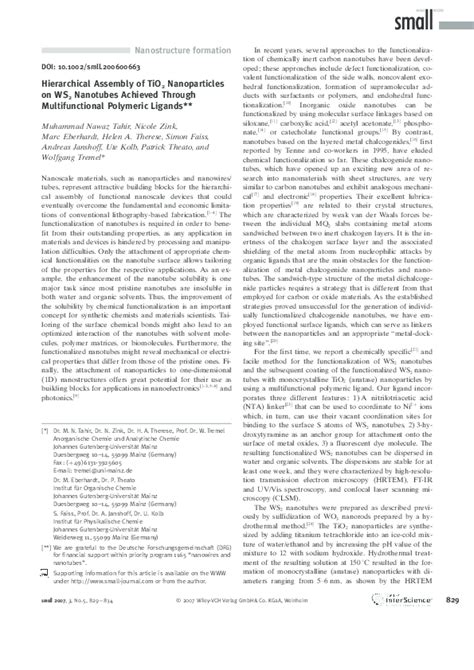 Pdf Hierarchical Assembly Of Tio2 Nanoparticles On Ws2 Nanotubes