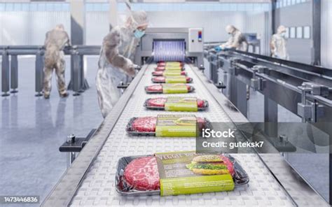 기성품 식물성 채소 햄버거 커틀릿 공장의 컨베이어 현대 생태 현대 공장 3d Illustation 포장에 대한 스톡 사진 및 기타 이미지 Istock