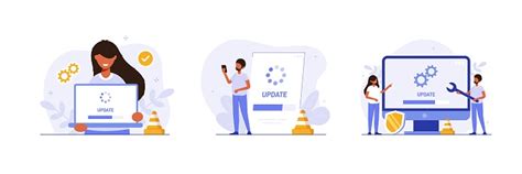 시스템 또는 웹 응용 프로그램 업그레이드 절차 세트 소프트웨어 버전 업데이트 또는 갱신 프로세스 표시의 개념입니다 컬렉션 평면