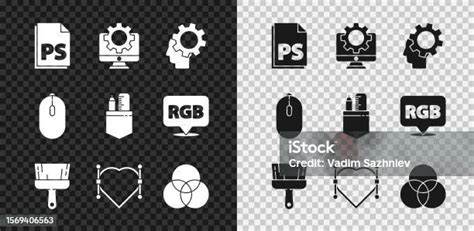 ตั้งค่าเอกสารไฟล์ Ps จอคอมพิวเตอร์และอุปกรณ์ หัวมนุษย์พร้อมด้านใน แปรงทาสี เส้นโค้ง Heart Bezier