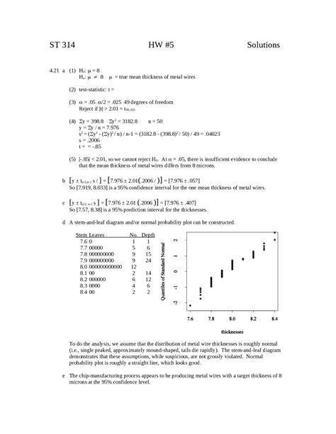 Homework Solutions 5 Introduction To Statistics For Engineers St 314 Docsity