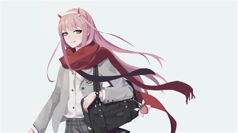 Darling In The Franxx Zero Two Wearing Uniform And Red Scarf With White Background Hd Anime