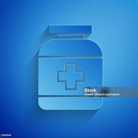 종이 잘라 의학 병 아이콘 파란색 배경에 격리 병 알 약 기호입니다 약국 디자인 종이 아트 스타일입니다 벡터 일러스트레이션 0명에 대한 스톡 벡터 아트 및 기타 이미지