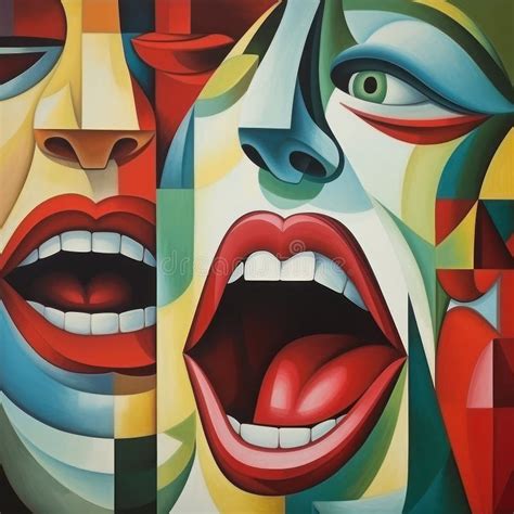 Two Faces With Their Mouths Wide Open Sing Cubism Ai Generation Stock